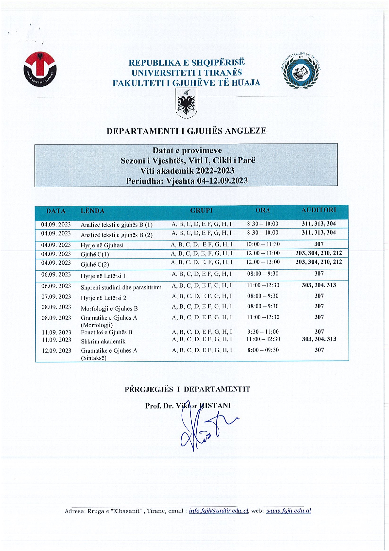 Grafikët e provimeve për programin Bachelor, Sezoni i Vjeshtës, Gjuhë ...